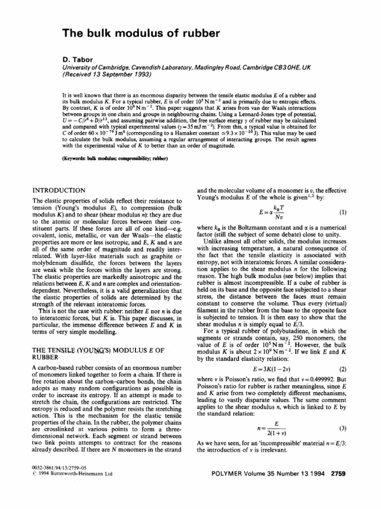 The Bulk Modulus of Rubber | PDF | Young's Modulus | Polymers