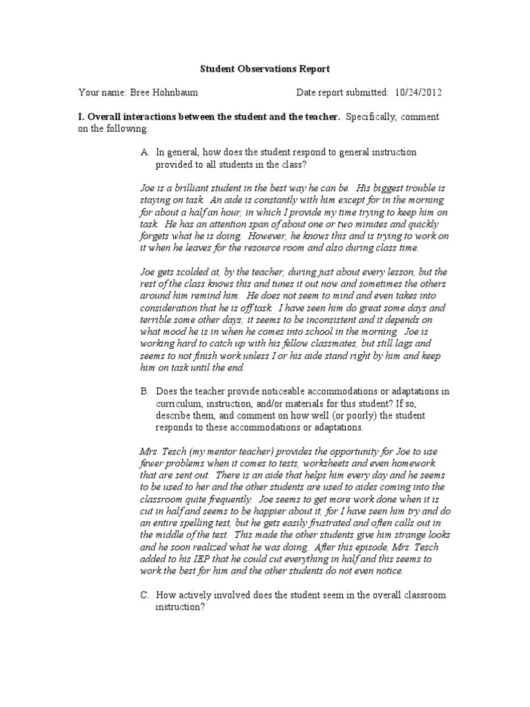 Student Observation Report | PDF | Classroom | Individualized Education ...
