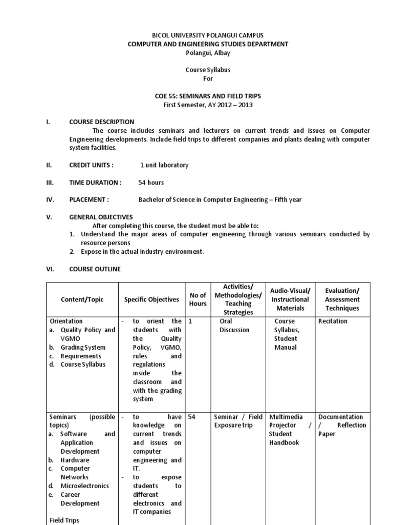 Coe 55 - Seminar and Field Trips | PDF
