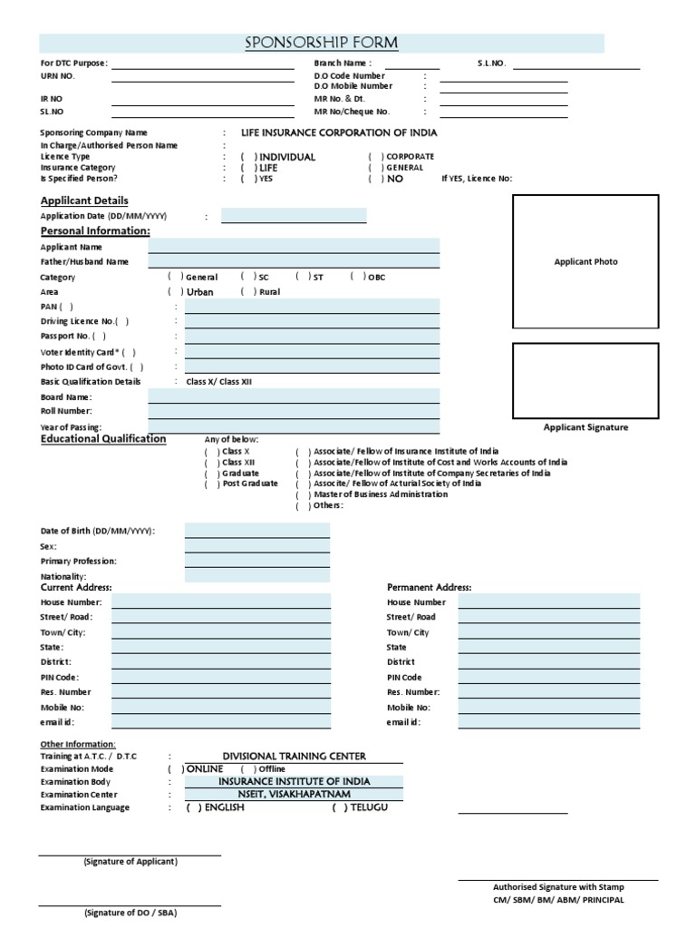 LIC Sponsorship Application Form | PDF | Finance & Money Management