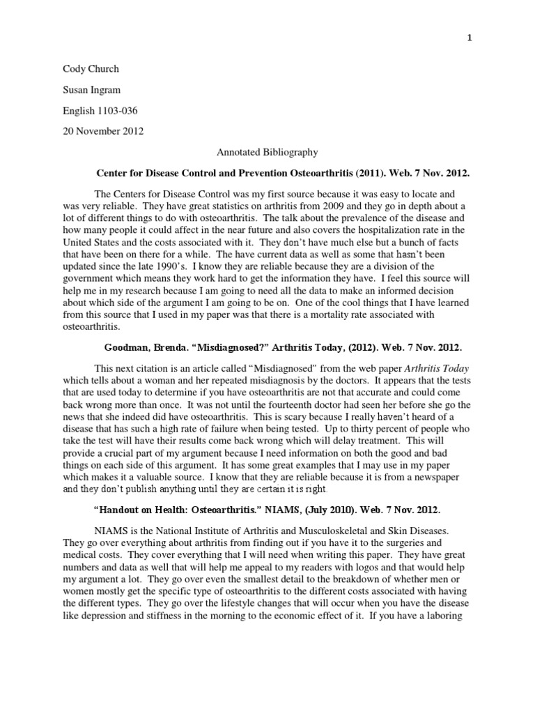 Annotated Bibliography Final Draft | Arthritis | Osteoarthritis