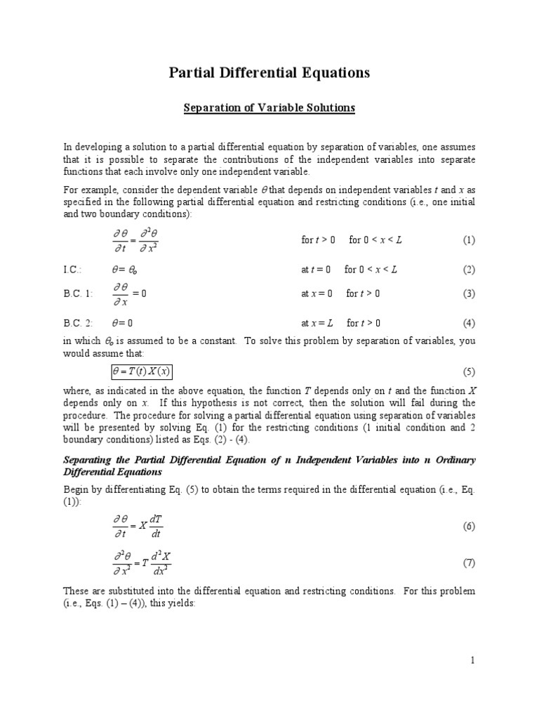 Partial Differential Equations: Separation of Variable Solutions | PDF | Equations ...