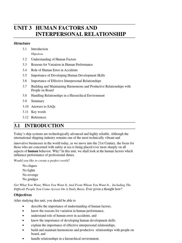 Unit - 3 - Human Factors & Interpersonal Relationship | PDF | Human ...