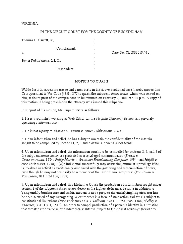 Motion to Quash in Garrett v. Better Publications, LLC | Subpoena Duces ...
