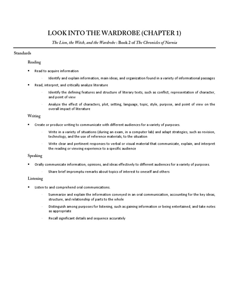 The Lion, The Witch, & The Wardrobe - Unit Plans - Ch. 1-3 With ...