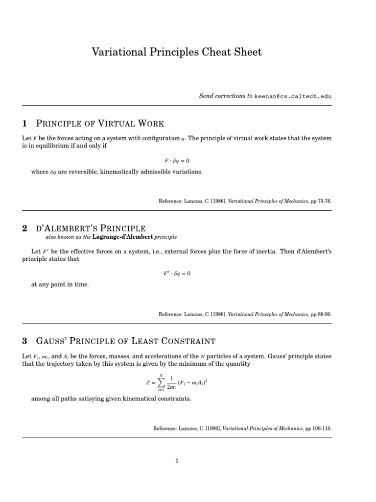 Variational Principles Cheat Sheet Pdf