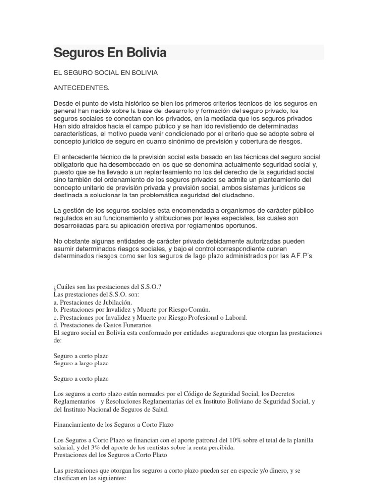 Seguros en Bolivia | PDF | Seguridad Social | Seguro