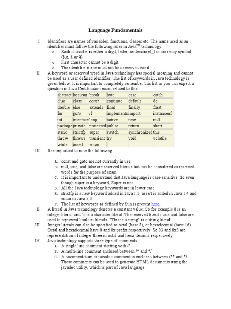Java Language Fundamentals Pdf Method Computer Programming Data