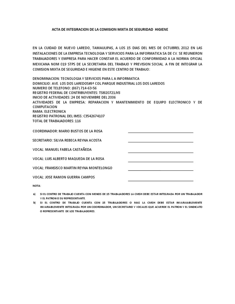 Acta Constitutiva de La Comision Mixta de Seguridad e Higiene | PDF | Gobierno