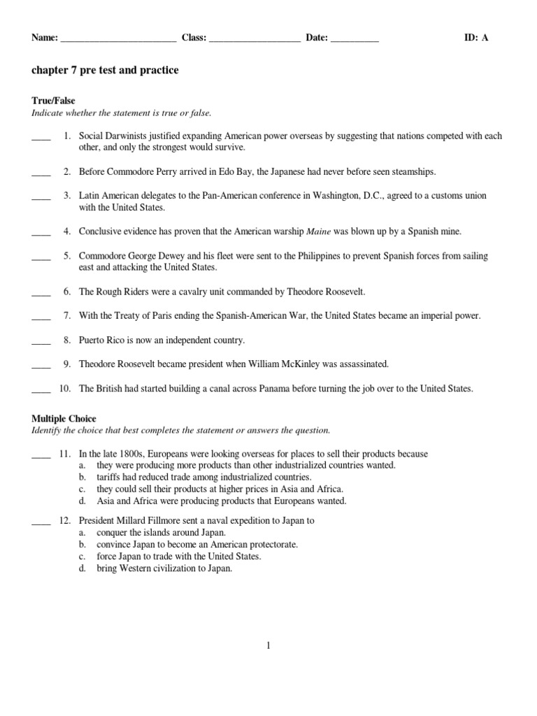 Chapter 7 Pre Test and Practice | PDF | William Mc Kinley | Theodore ...
