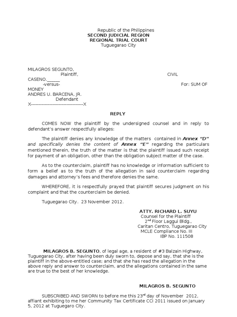 Reply and Answerto Counterclaim