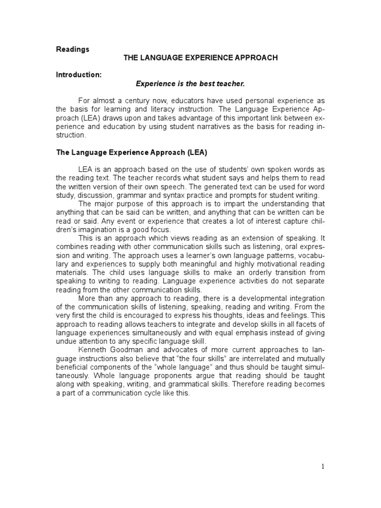 Understanding the Language Experience Approach | PDF | Reading (Process ...
