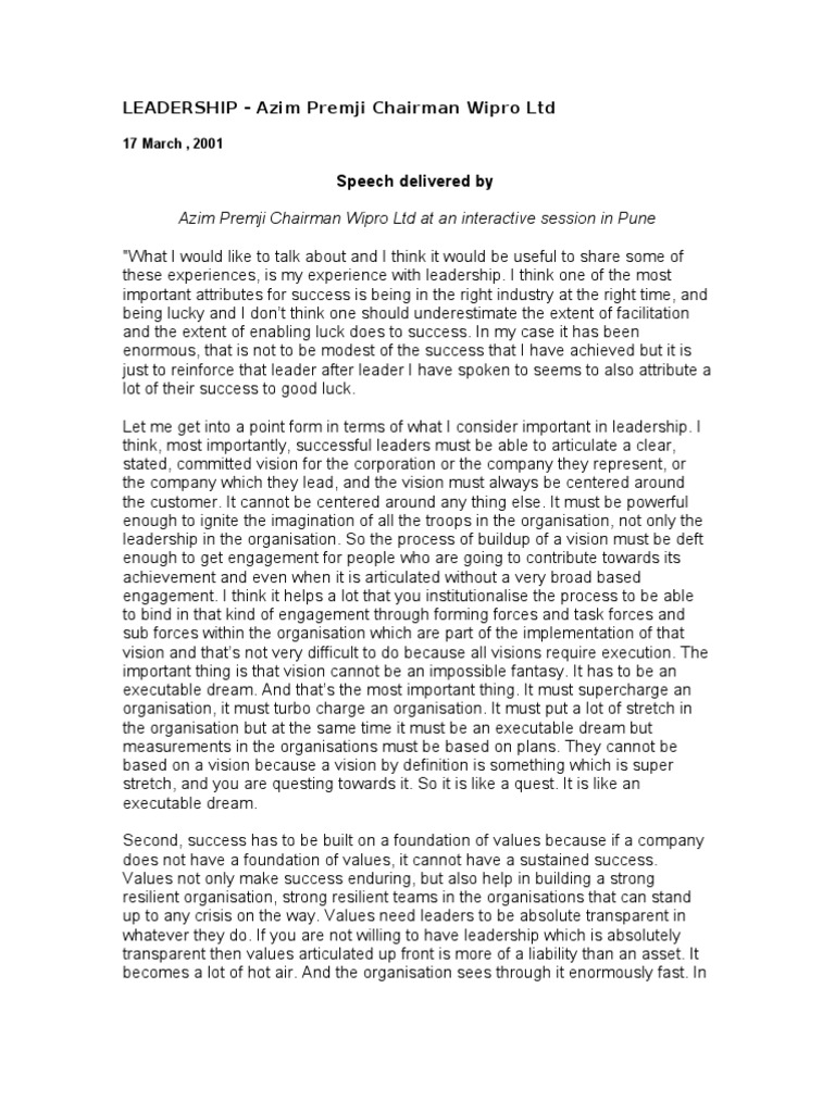 Leadership - A Speech by Mr. Azim Premji | PDF | Optimism | Leadership