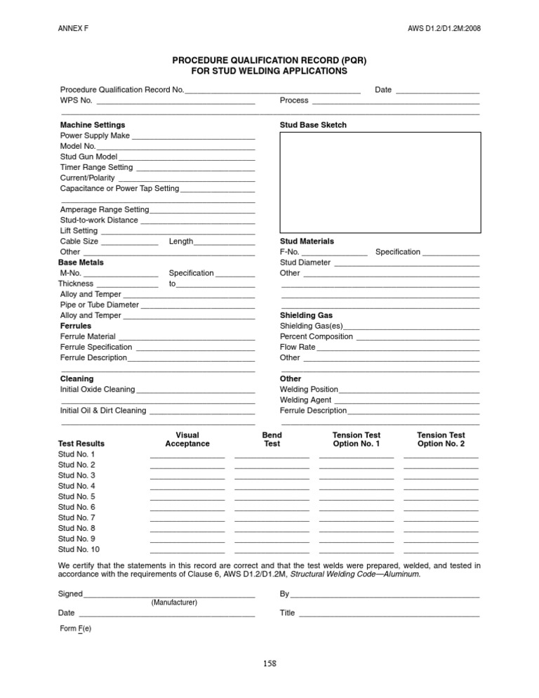 F (E) Stud Welding PQR Form | PDF