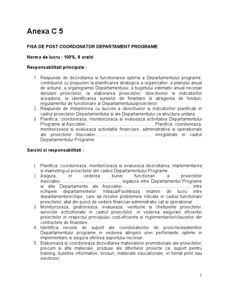 Anexa C 5 Fisa de Post Coordonator Departament Programe | PDF