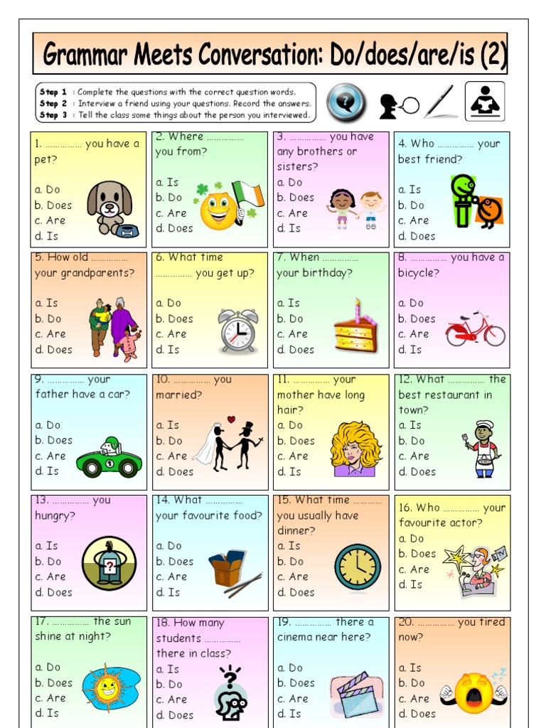 Islcollective Grammar Meets Conversation 2 Do Does Are Is 2 Asking For ...