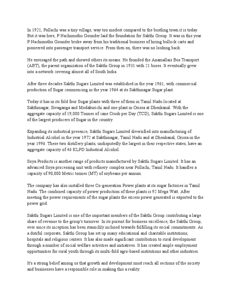 Sakthi Sugars Profile | PDF | Sugarcane | Sustainable Technologies