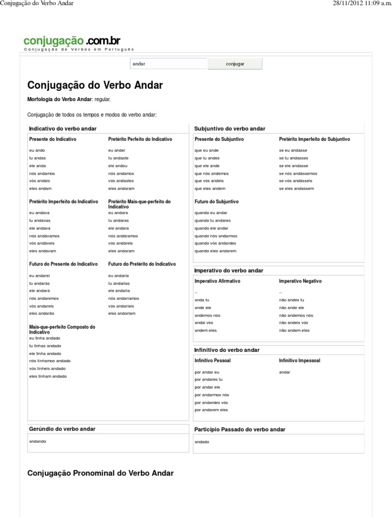 Conjugação do Verbo Andar | Tempo Gramatical | Relacionamentos Sintáticos