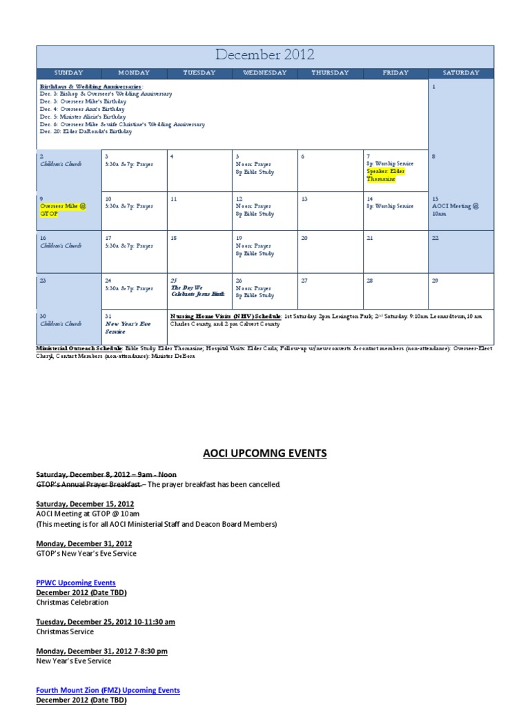 December 2012 Church Events Calendar | PDF