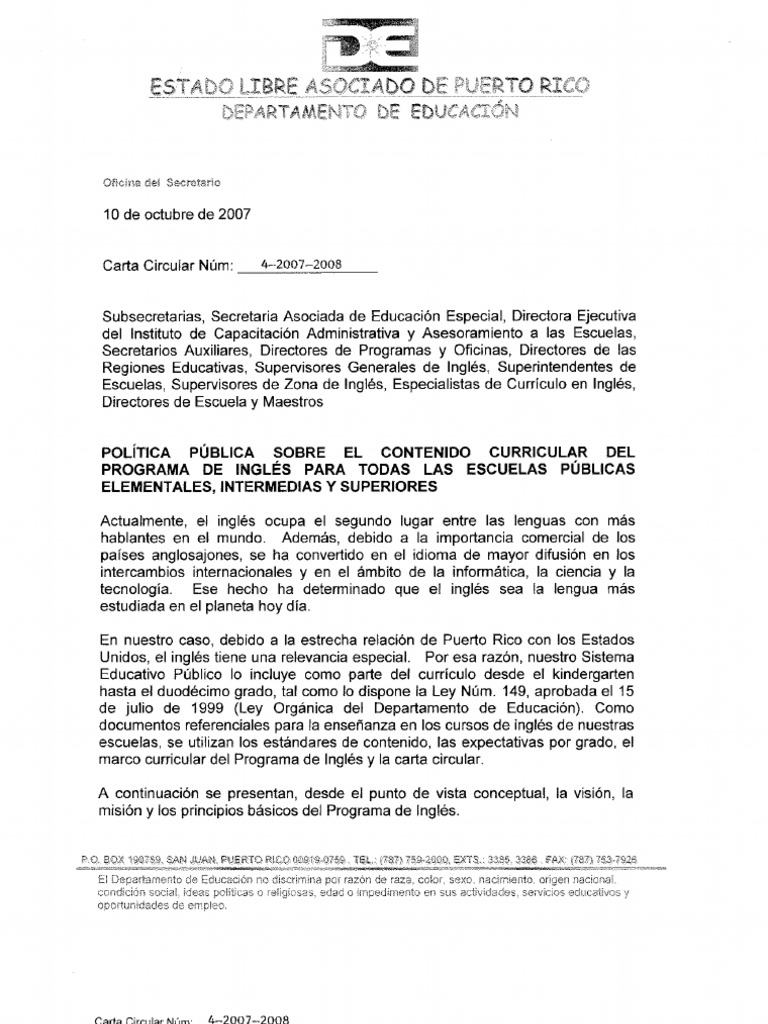 Carta Circular Programa Inglés) | PDF
