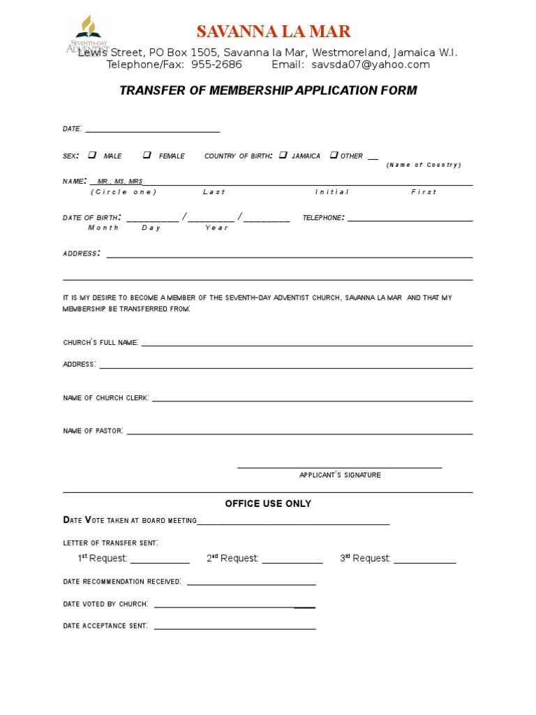 SDA Church Membership Transfer Form | PDF | Law