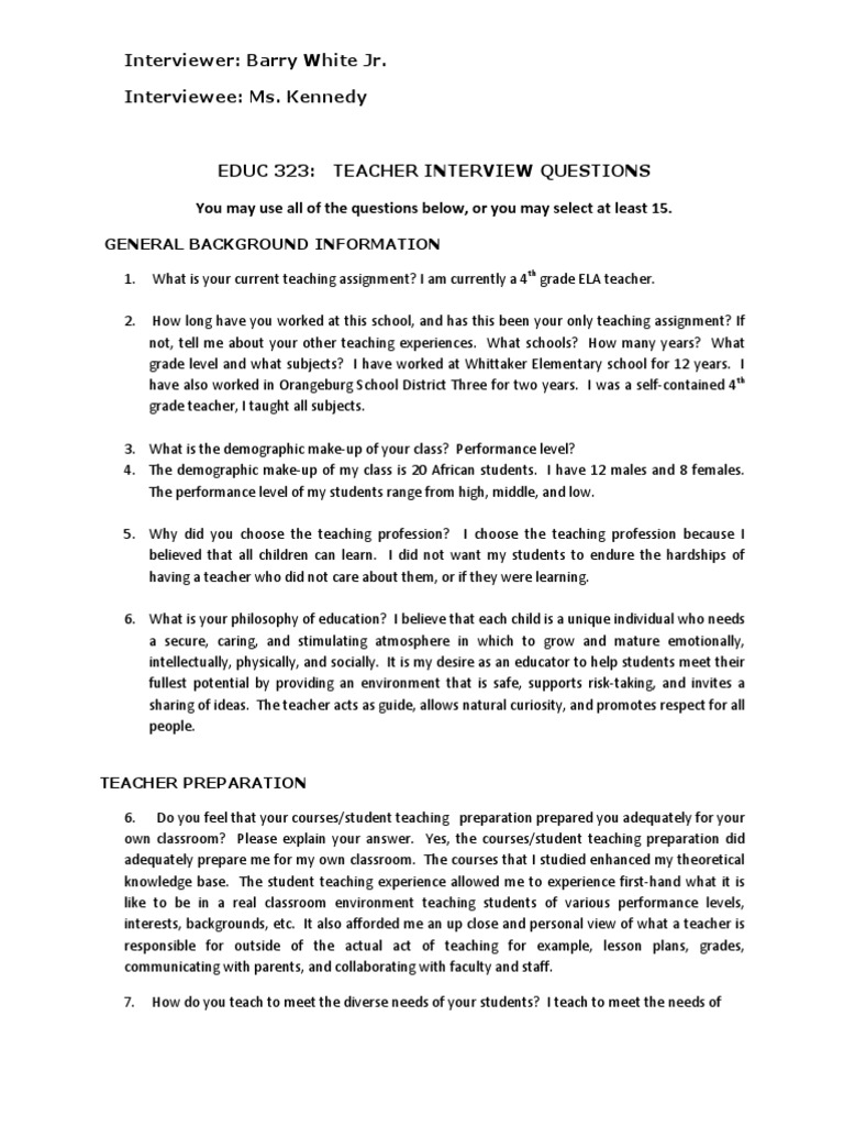 323 - Teacher Interveiw Questions Ms Kennedy | PDF | Classroom Management | Teachers