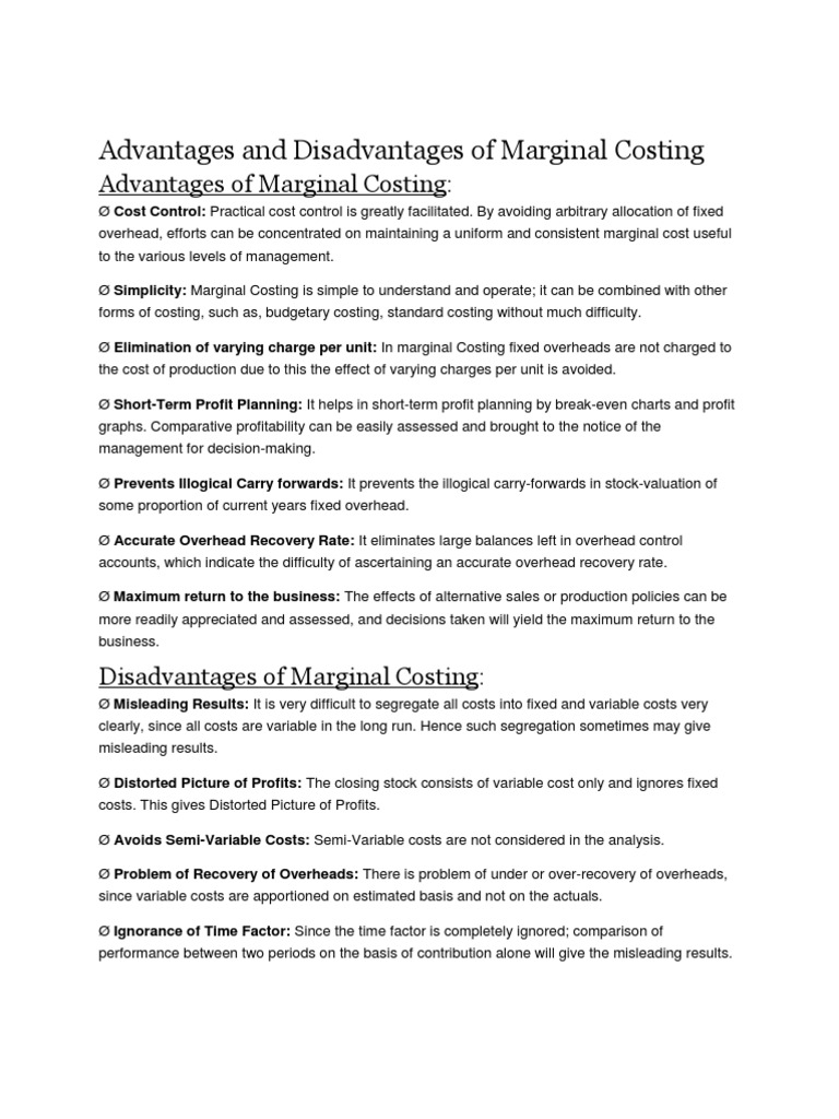 Advantages and Disadvantages of Marginal Costing | PDF | Cost ...