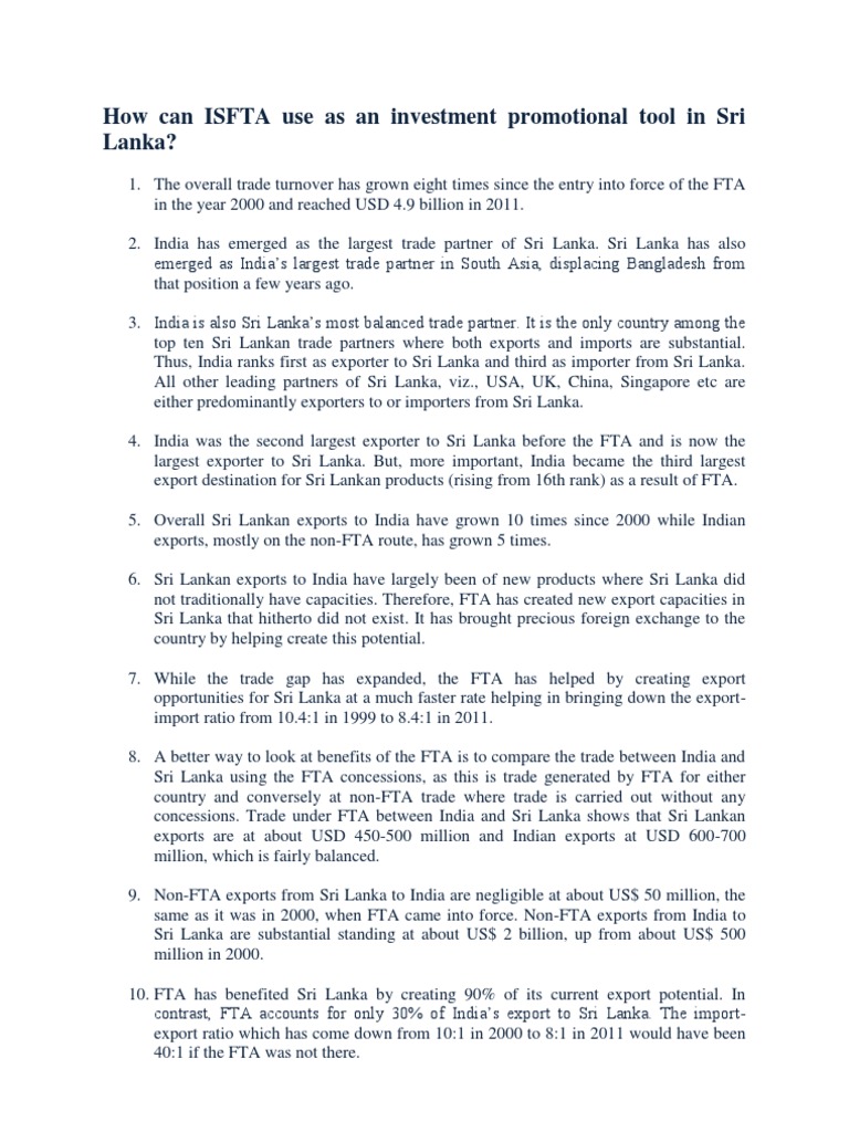 How Can ISFTA Use As An Investment Promotional Tool in Sri Lanka | PDF ...