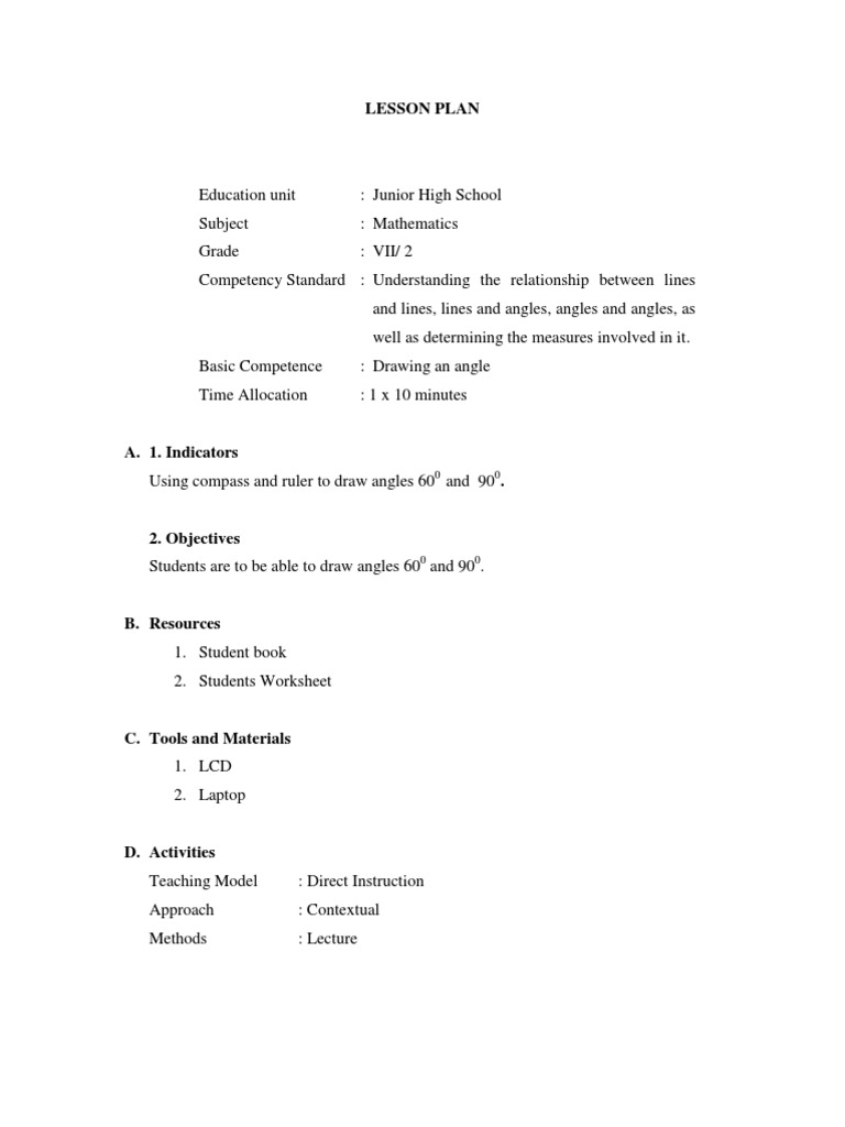Mathematics Lesson Plan for Junior High School | Angle | Lesson Plan