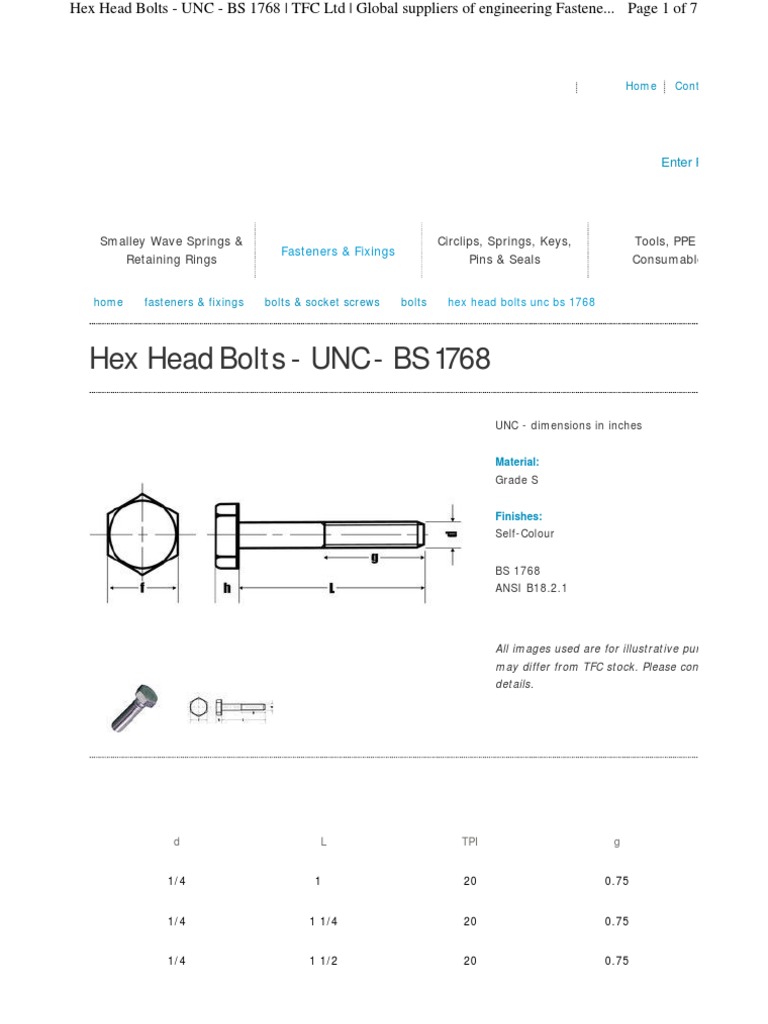 Hex Head Bolts - UNC - BS 1768 | PDF | Screw | Joining