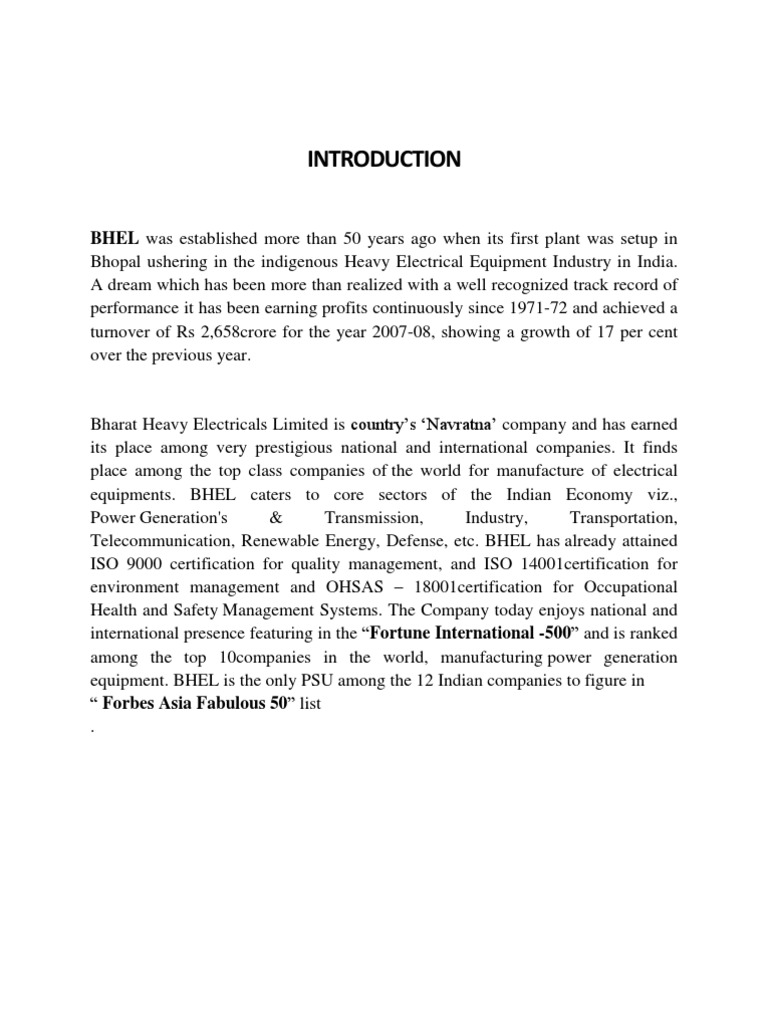 BHEL Was Established More Than 50 Years Ago When Its First Plant Was Setup in | PDF ...
