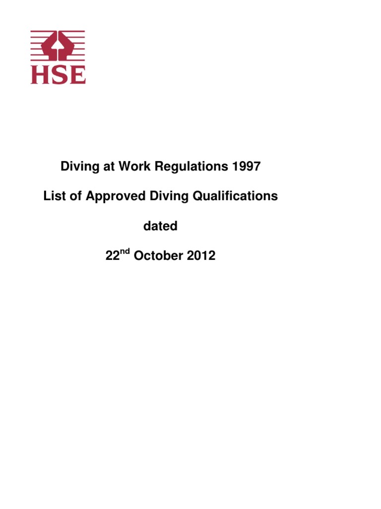 Diving At Work Regulations 1997 List Of Approved Diving Qualifications