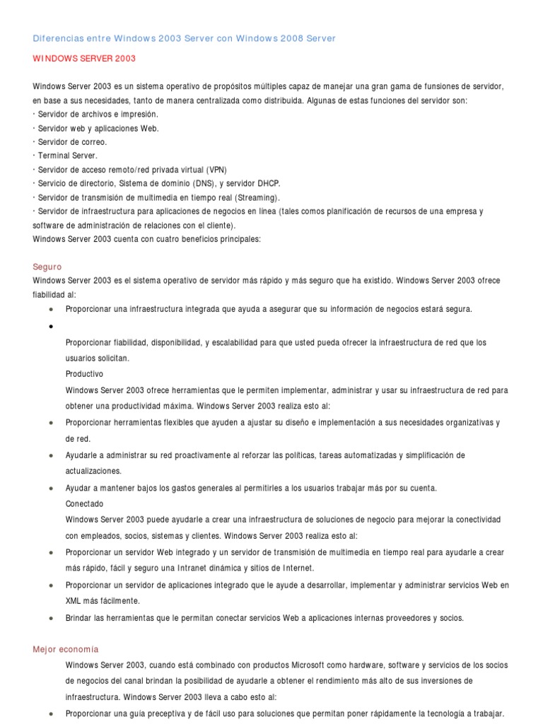 Diferencias Entre Windows 2003 Server Con Windows 2008 Server | PDF ...