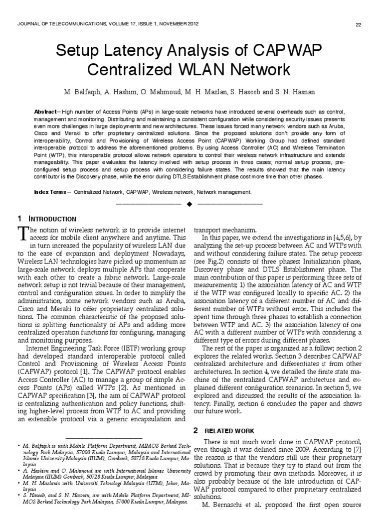 Setup Latency Analysis of CAPWAP Centralized WLAN Network | PDF ...