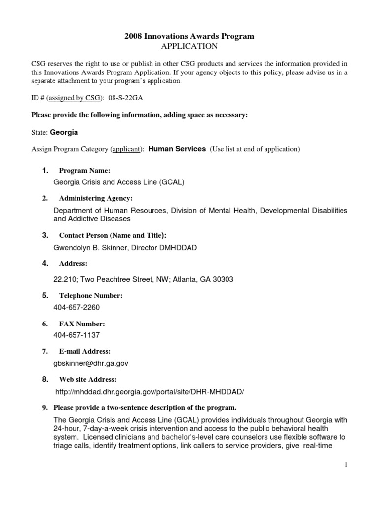 Georgia Crisis and Access Line (GCAL) - 2008 CSG Innovations Award ...
