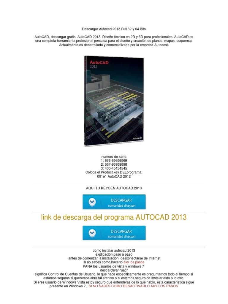 Descargar Autocad 2013 Full 32 y 64 Bits | PDF | Windows 7 | Cad automático