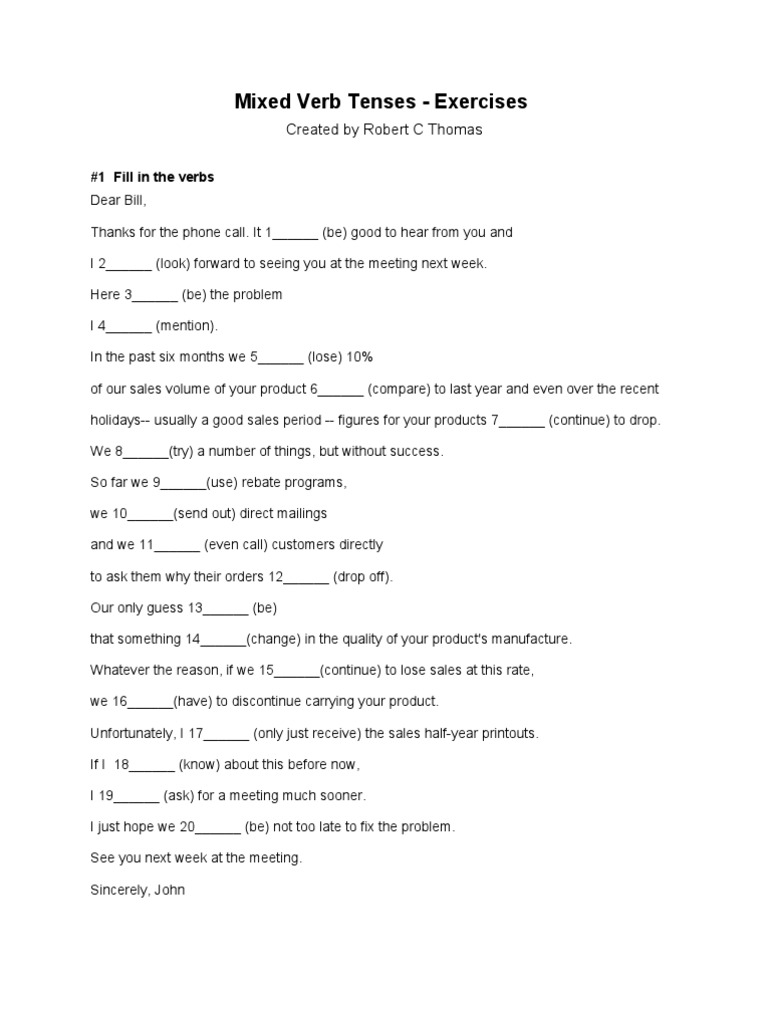 Mixed Verb Tenses Exercises - Collected V1a | PDF