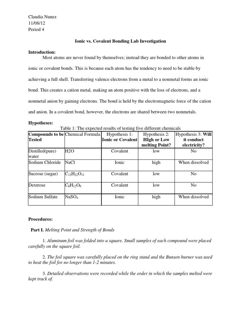 Ionic vs. Covalent Bonding Lab Investigation: Carefully On The Square ...