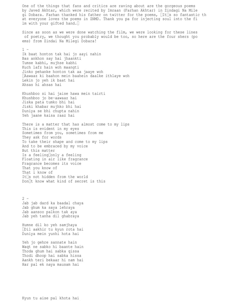 Beautiful Poems from Zindagi Na Milegi Dobara that Captured the Hearts ...