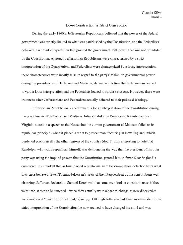 Loose Constructionism vs. Strict Constructionism | PDF | Federalism ...