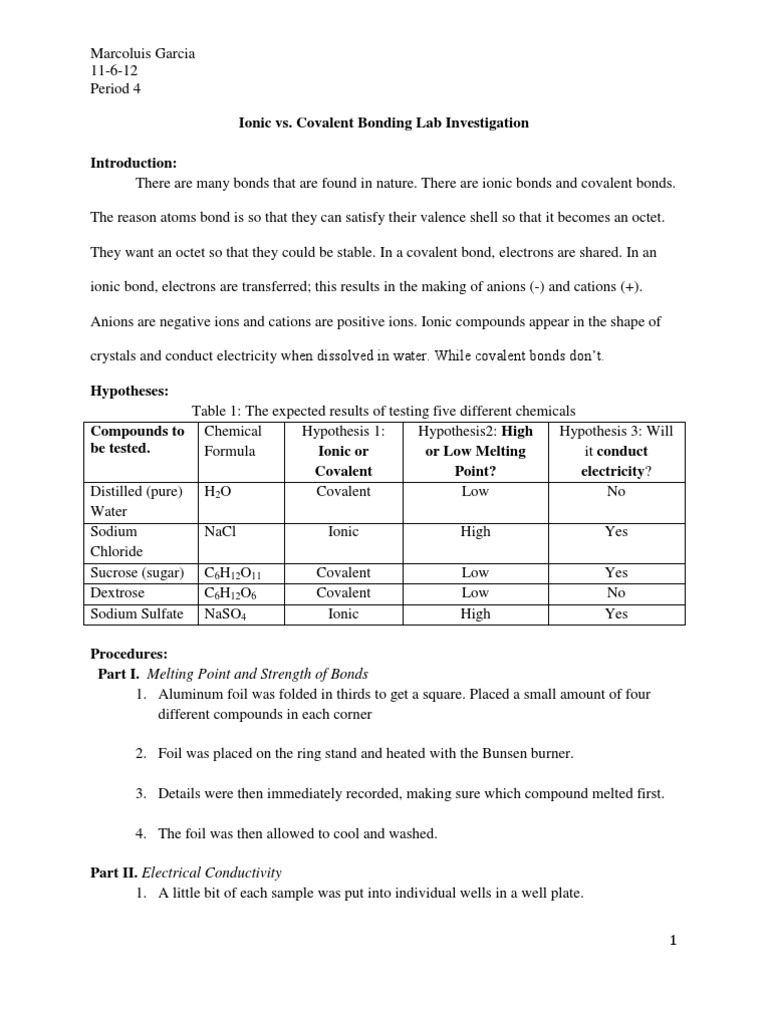 Ionic vs. Covalent Bonding Lab Results | PDF