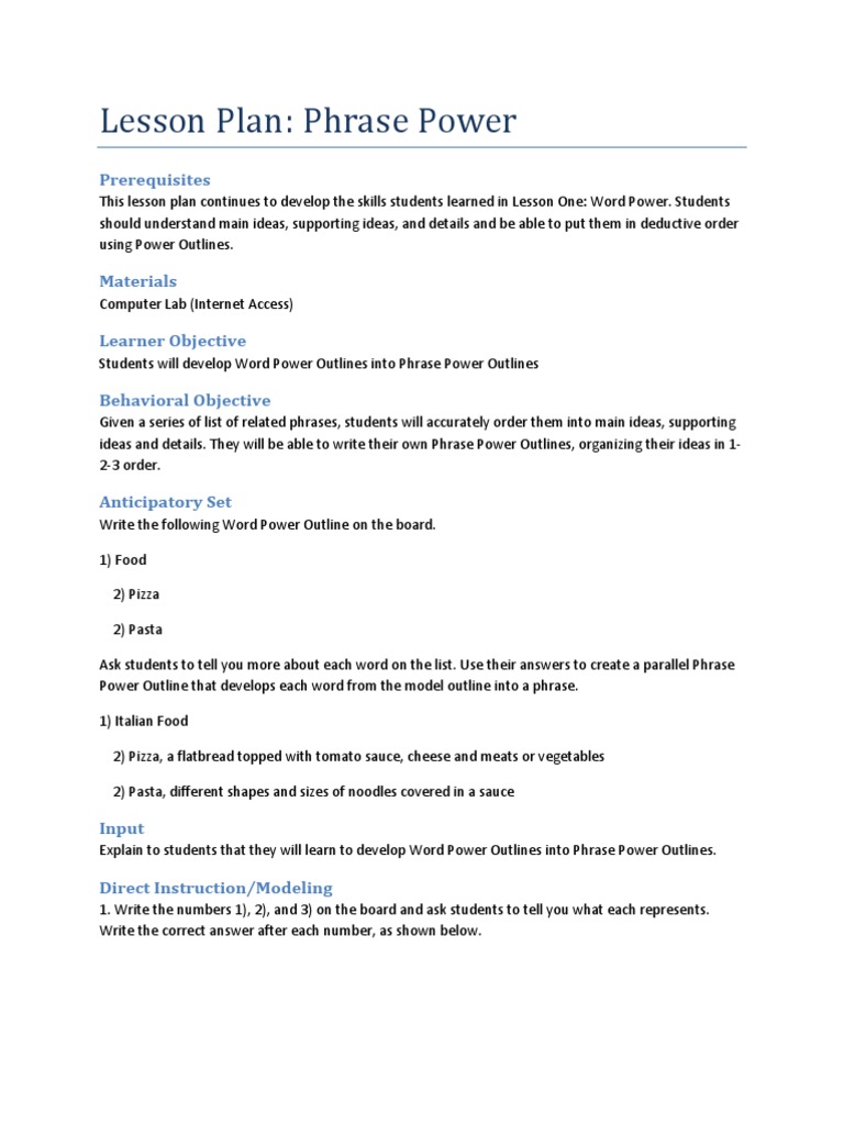 Developing Phrase Power Outlines | PDF | Lesson Plan | Reading ...