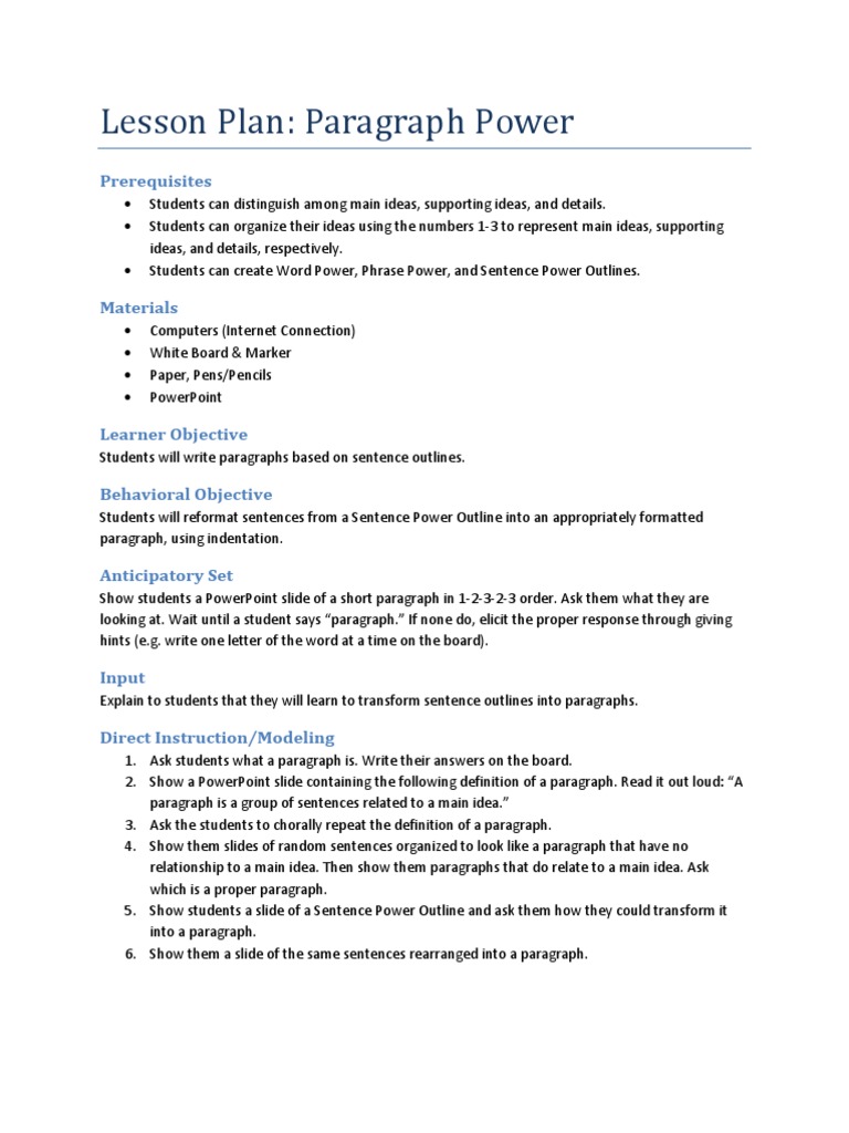 Paragraph Writing Lesson Plan | PDF | Paragraph | Sentence (Linguistics)
