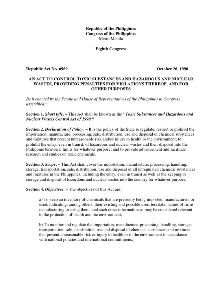 RA 6969 - Toxic, Hazardous and Nuclear Waste Control Act | Chemical ...