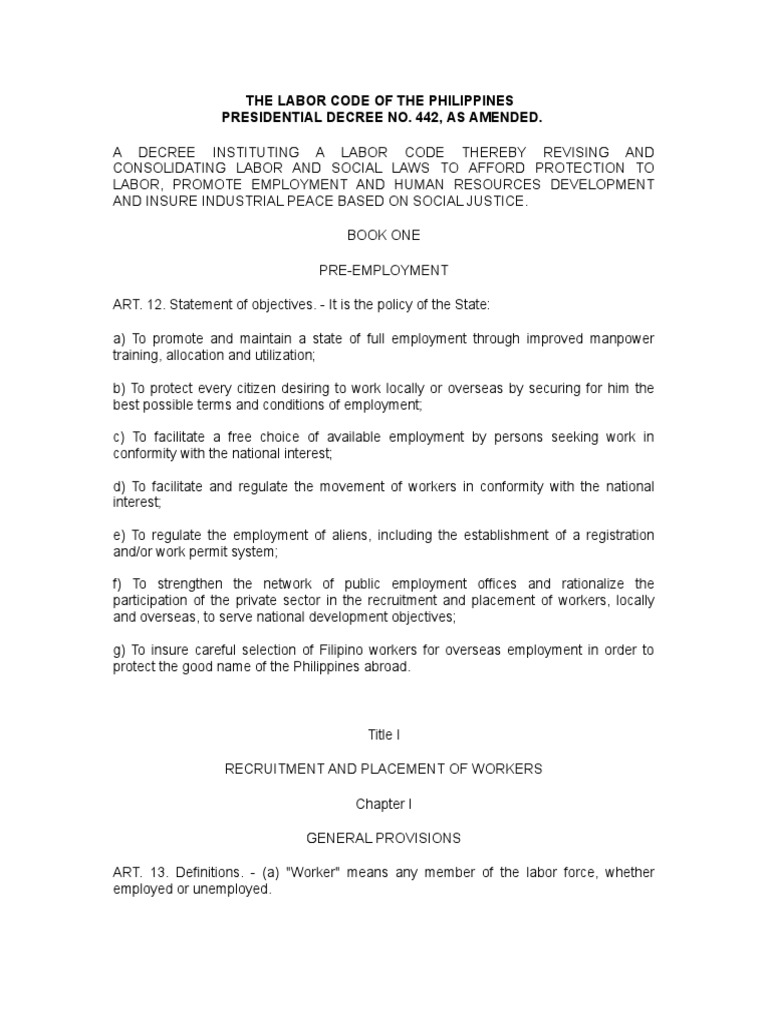 The Labor Code of The Philippines Presidential Decree No. 442, As ...