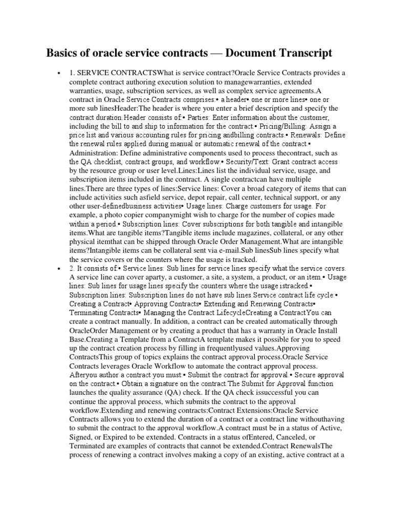 Basics Of Oracle Service Contracts Pdf Invoice Computing