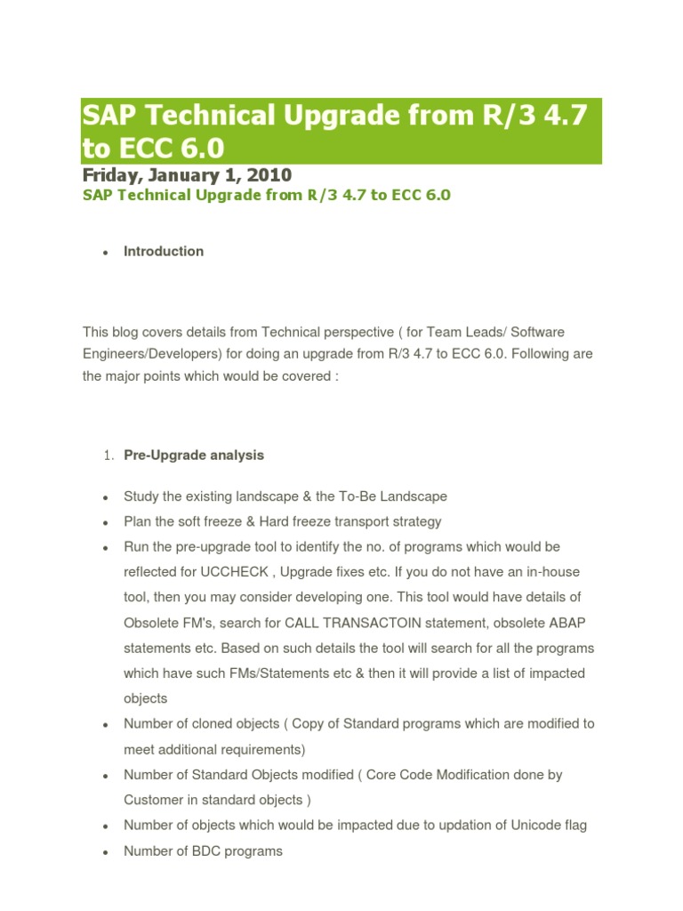 SAP Technical Upgrade From R3 4.7 To ECC 6.0 | Download Free PDF ...