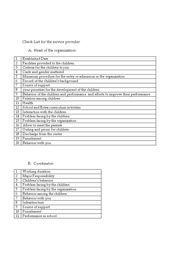 Service Provider Checklist for Child Care | PDF | Career & Growth ...