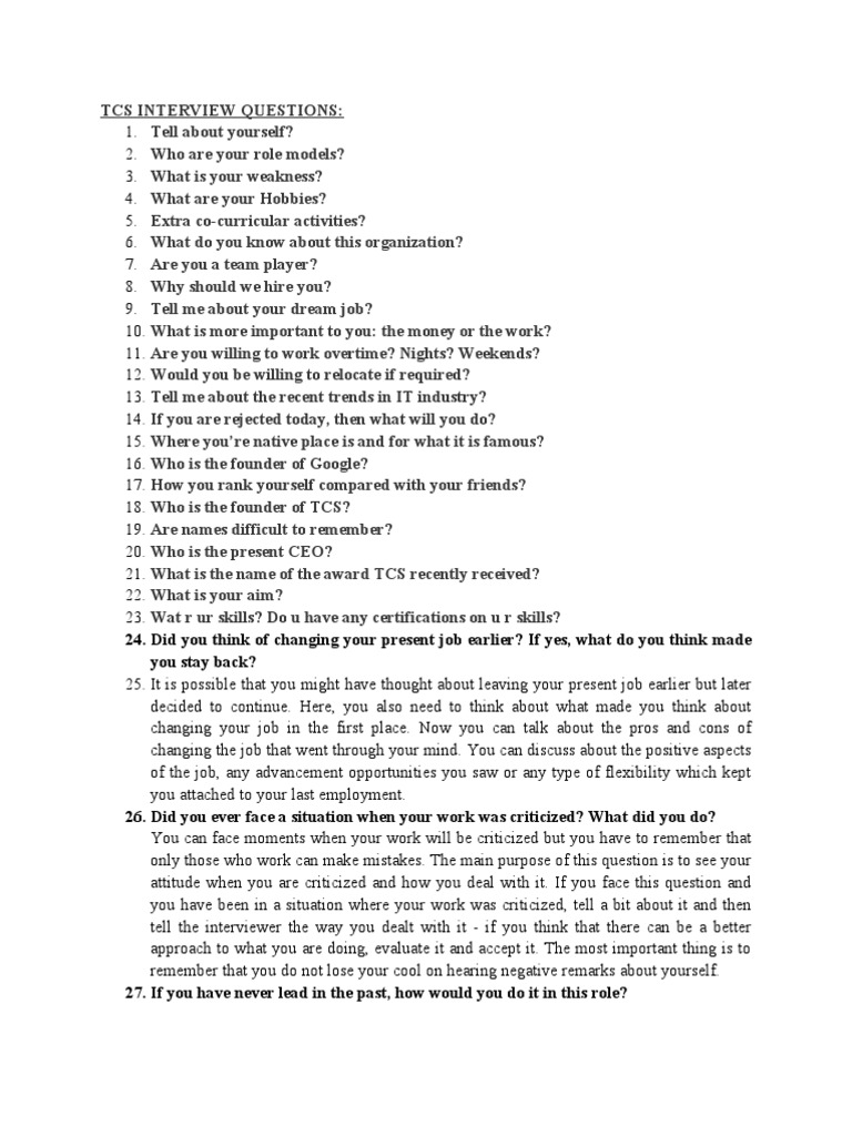 Tcs Interview Questions | PDF | Question | Employment Tcs Interview Questions | PDF | Question | Employment