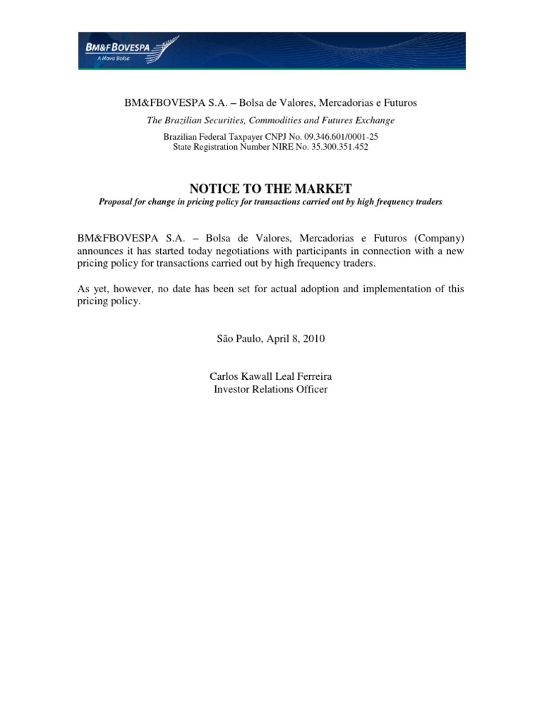 Notice To The Market - Proposal For Change in Pricing Policy For ...